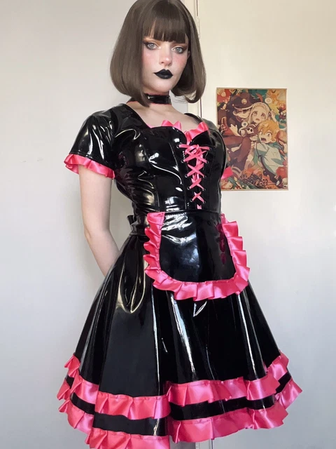 MISFITZ BLACK PVC & hot pink satin Sissy Maids Dress. SIZE 18. CD Goth ...