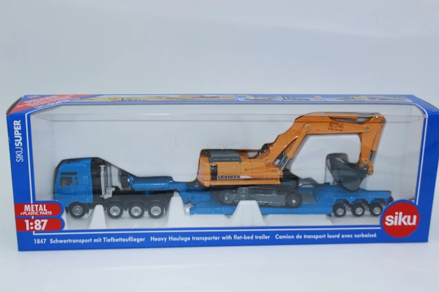 SIKU 1847 SCHWERTRANSPORTER mit Tiefbettauflieger + Bagger Liebherr 1: ...