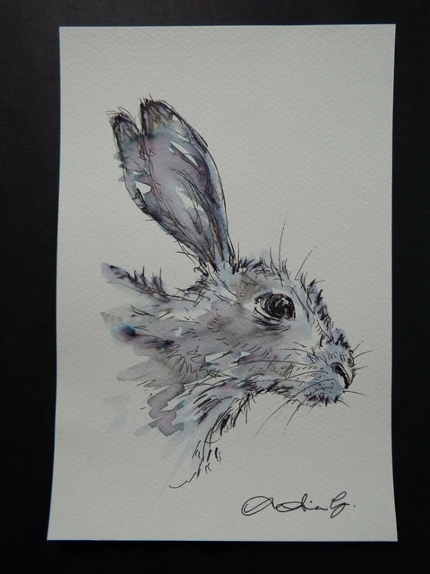 ORIGINAL PEN & ink wash drawing of the head of a hare on ivory ...