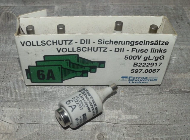 5X LINDNER SICHERUNGSEINSATZ Diazed DII 6A 500V träge Vollschutz 597. ...