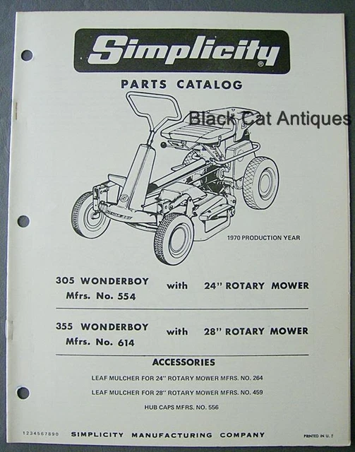 1970 SIMPLICITY PARTS Catalog Wonderboy 305/355 Rotary Riding Mowers No ...