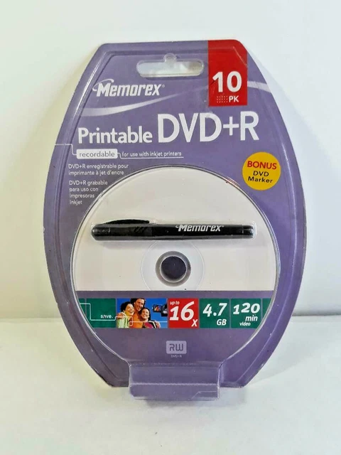 MEMOREX PRINTABLE DVD-R 10 Pack with Marker 10pk ~ Ships FREE $15.95 ...