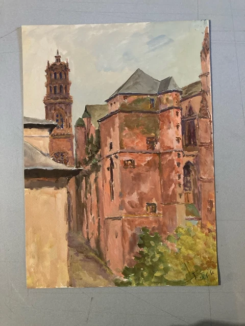 BEAUTIFUL DRAWING PAINTING paper Toulouse? Castle Gouache Church 1950 ...