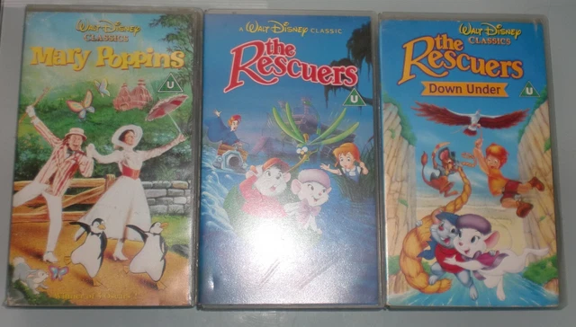 3 X WALT Disney VHS Videos Mary Poppins - Rescuers - Rescuers Down ...