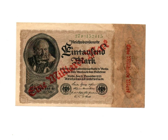 GENUINE 1 BILLION Mark Weimar inflation banknote 1922 very f c print ...