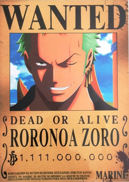 AFFICHE POSTER PLASTIFIÉ ONE PIECE ZORO WANTED 1.111.000.000 EUR 8,99 ...
