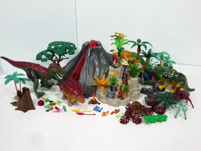 PLAYMOBIL DINOS 5230 Erupting Volcano T-Rex & Dinosaurs Lot Triceratops ...