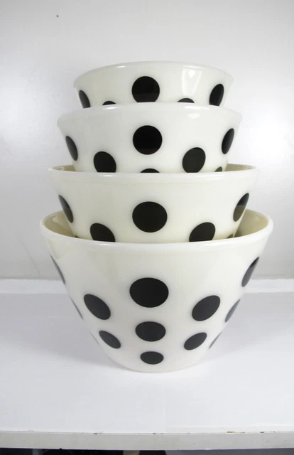 VINTAGE SET OF 4 Fire King Black Dots Polka Mixing Bowl 6.5", 7.5", 8.5 ...