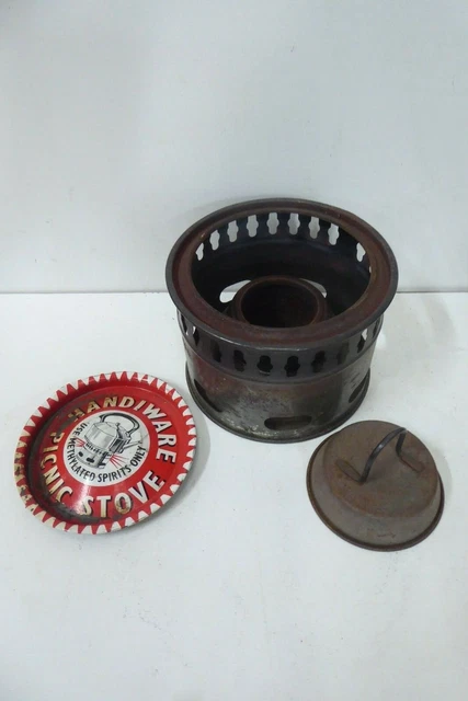 VINTAGE HANDIWARE PICNIC Stove Metho Burner Advertising Sign Lid Kettle ...