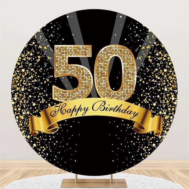 HAPPY 50TH BIRTHDAY Black Gold Glitter Ribbon Round Backdrops $35.97 ...