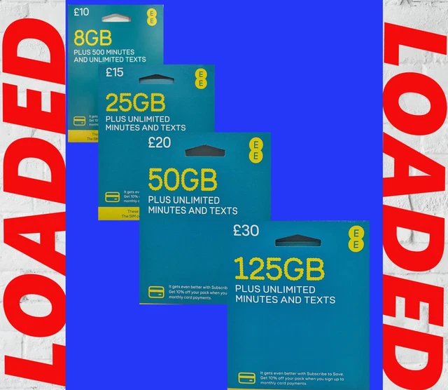 PRELOADED 20GB - 75GB - 150GB Data EE Sim Card WIFI MIFI DONGLE Phone £8.99 - PicClick UK