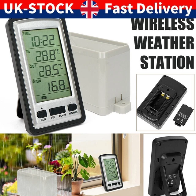 WIRELESS WEATHER STATION Thermometer Rain Gauge Meter LCD Digital Alarm ...