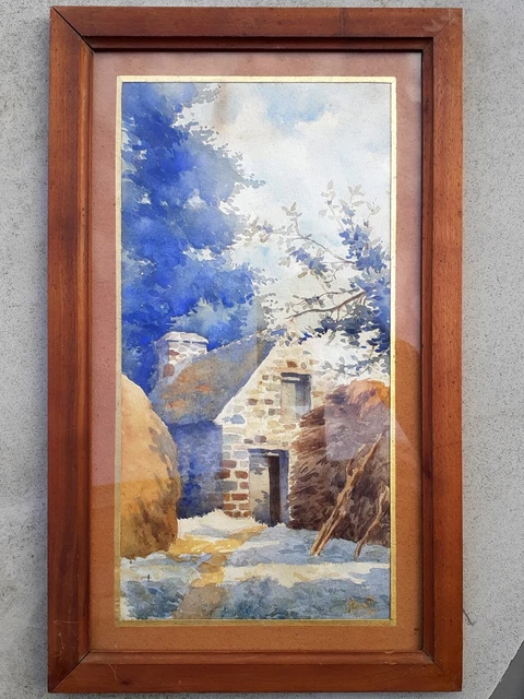 TABLEAU AQUARELLE SIGNÉE Datée Encadrée Sous Verre Meules devant une maison EUR 15,00 - PicClick FR
