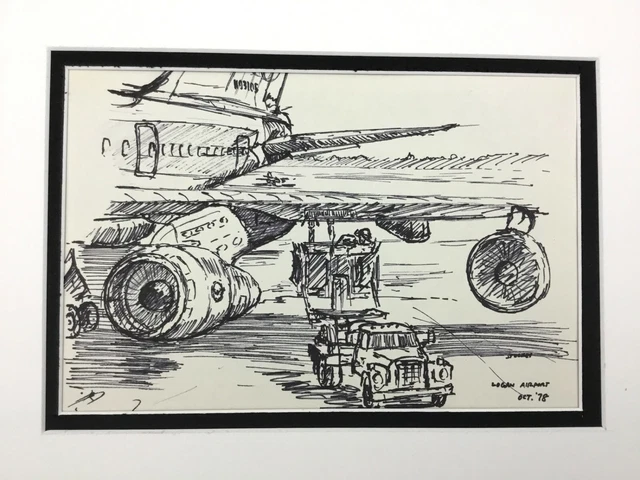 1978 ORIGINAL INK Drawing TWA Boeing 747 Aircraft Boston Logan Airport ...