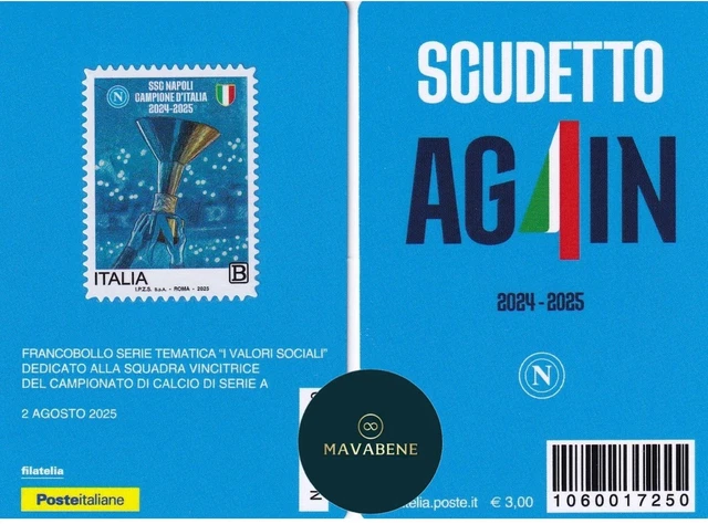 ITALY 2025 SSC Napoli Champion Of Italy 2024 Philatelic Card Stamp £8. ...