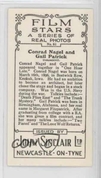 1937 SINCLAIR FILM Stars Tobacco Conrad Nagel Gail Patrick #81 z6d £2. ...