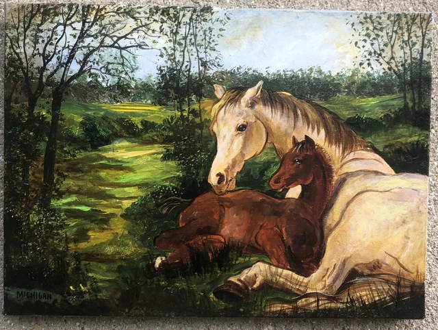 PIERRE MICHIGAN (NÉ en 1959), Jument et son poulain, huile sur toile ...