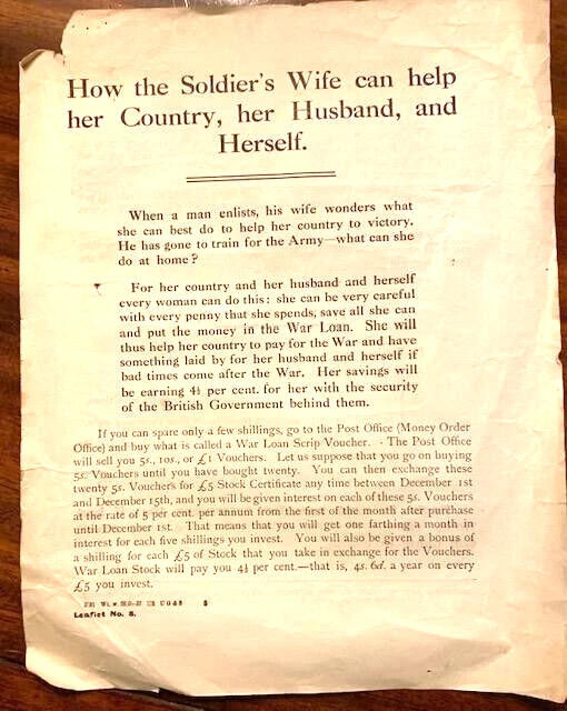 WW1 LEAFLET How The Soldier's Wife Can Help Her Countrey Parliamentary ...