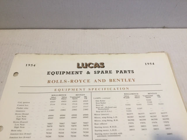 LUCAS EQUIPMENT CATALOGUE Rolls Royce And Bentley $15.86 - PicClick AU