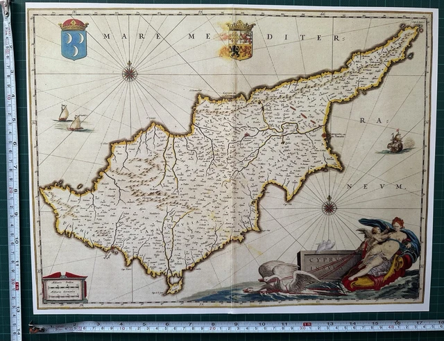 ANTIQUE HISTORIC VINTAGE Old Colour Poster Map of Cyprus 1600s REPRINT ...
