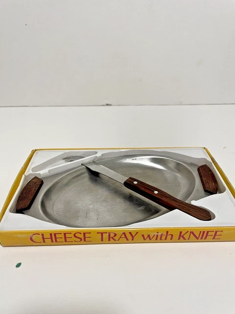 RETRO 1960S 1970S stainless steel cheese dish tray board wood handles ...