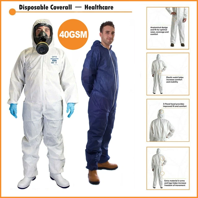 DISPOSABLE BLUE / White Coveralls Protective Paper Suit Mens Overalls ...