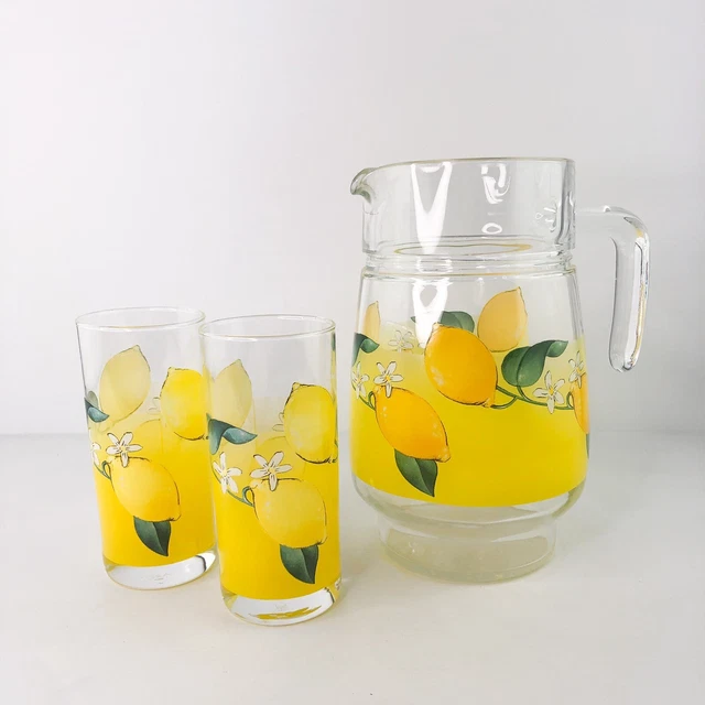 VINTAGE LUMINARC FRENCH Lemon Lemonade Jug Water Pitcher & 2 Highball ...