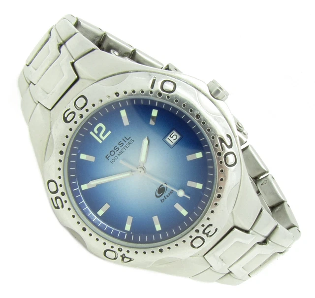 FOSSIL BLUE HERREN Armbanduhr Edelstahl Datum Blau AM-3520 10ATM Batt ...