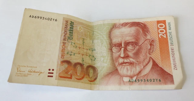 ORIGINAL BANKNOTE 200 DM Deutsche Mark 02.01.1989 Serie AD6993402Y6 ...