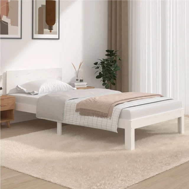 BED FRAME WHITE Solid Pine Wood 100x200 cm Rustic Headboard Plywood ...