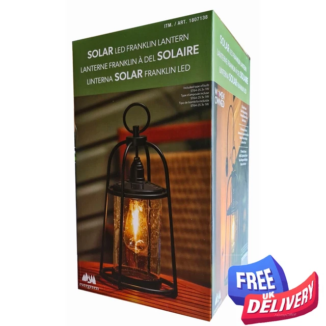 EVERGREEN 14” FRANKLIN Solar LED Lantern Vintage Glass Design Edison £ ...