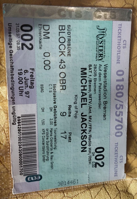 TICKET CONCERT (MICHAEL Jackson) BREMEN 1997 EUR 44,00 - PicClick FR