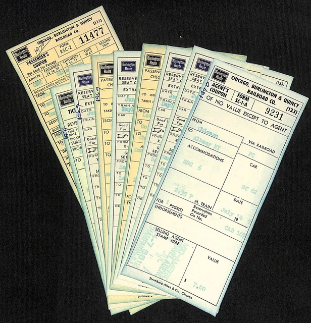 9 BURLINGTON ROUTE Railroad Ticket Receipts 1960s-70's Bloomquist* £22. ...