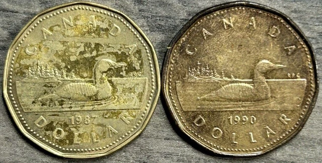 1987 AND 1990 Loonie One Dollar Canadian Coins in Circulated Condition ...