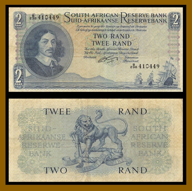 SOUTH AFRICA 2 Rand, 1962-1965 P-104b Jan van Riebeek Lion Banknote (VF ...