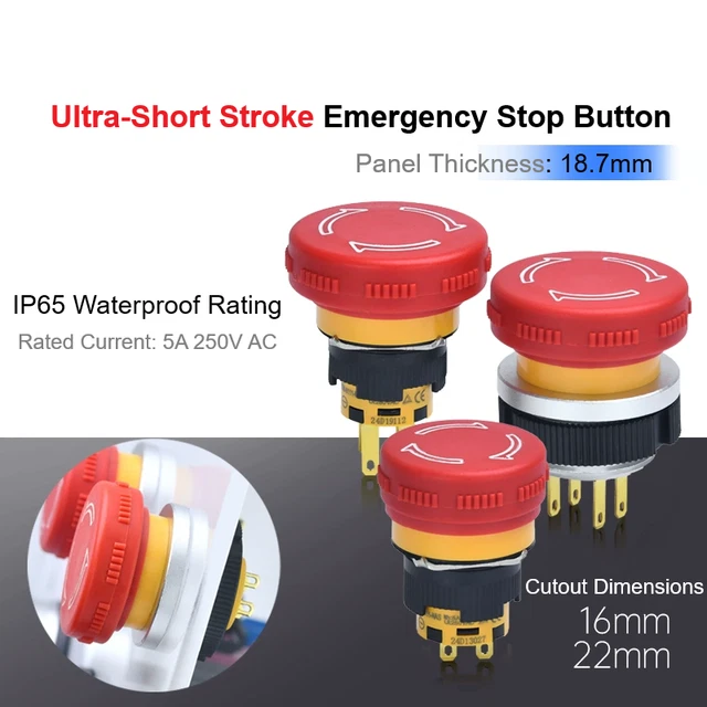 16MM IP65 EMERGENCY Stop Button Switch Mushroom Head 5A 250V AC/DC E ...