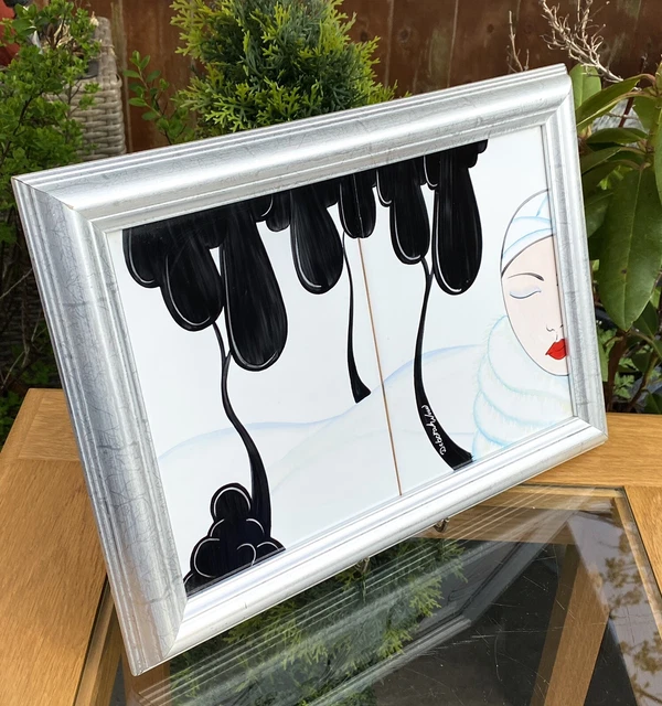 DEBORAH WOOD CERAMICS Hand Painted Art Deco Lady & Trees Double Framed ...
