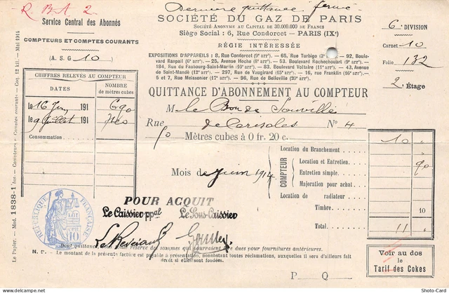 1910 SOCIETE DU Gaz A Paris-M. Baron De Souville A La Tour Du Breuil ...