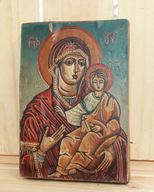 VINTAGE RELIGIOUS HAND painted icon Jesus Christ Child Virgin Mary $238 ...