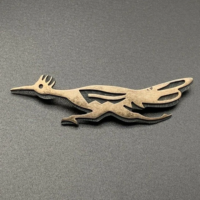 VINTAGE HOPI PHILLIP Honanie Native Roadrunner Bird Silver Pin Brooch ...
