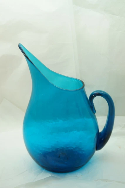 VINTAGE BLENKO GLASS PITCHER MID CENTURY MODERN TEAL BLUE 13in TALL ART ...