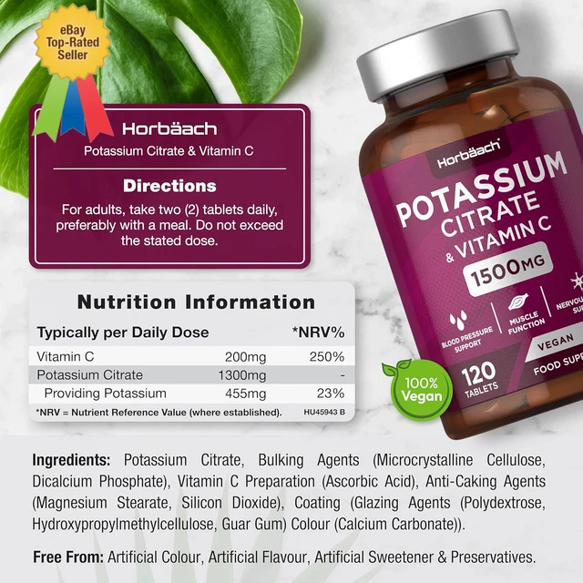 POTASSIUM SUPPLEMENT 1500MG High Strength Potassium Citrate - 120 Count ...