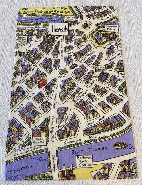 VINTAGE HARRODS KNIGHTSBRIDGE Irish Linen Tea Towel London Map Pattern ...