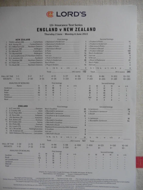 ENGLAND V NEW ZEALAND - 2022 LORD'S TEST scorecard - OFFICIAL £2.29 ...