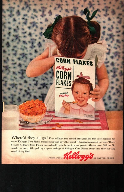 KELLOGG'S CORN FLAKES / Girl in Pigtails Peeking in Box, 1954 Vintage ...