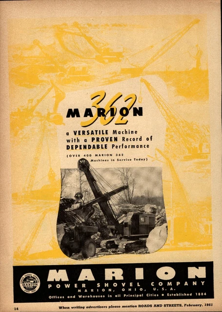 1951 MARION POWER Shovel Co. Print Advertisement: Marion 362 Shovel in ...