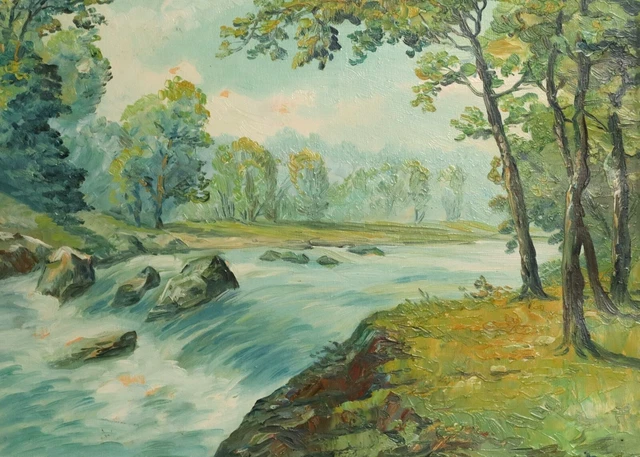 TABLEAU ANCIEN HUILE impressionniste paysage d'une rivière dans une forêt EUR 135,76 - PicClick FR