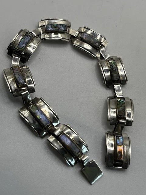 VINTAGE STERLING SILVER Abalone Inlay Hinged Link Bracelet MEXICO 6.75 ...