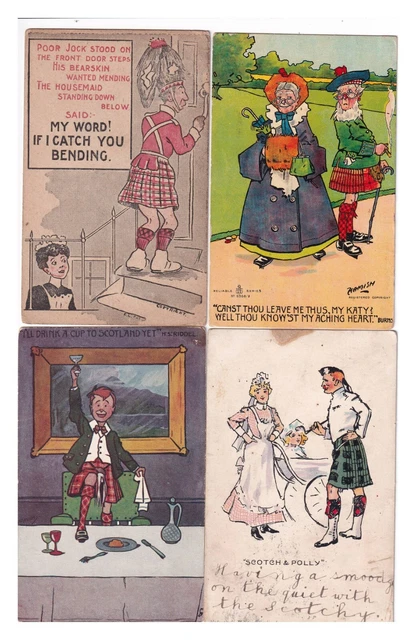 4 SCOTTISH COMIC cards KILT TARTAN DRINK etc Vintage postcards c.1900 ...