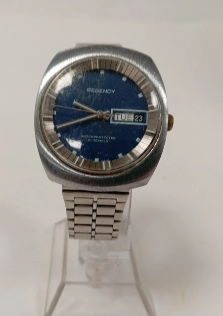 VINTAGE REGENCY SWISS Watch Blue Dial, Day/Date 21 Jewels Automatic ...